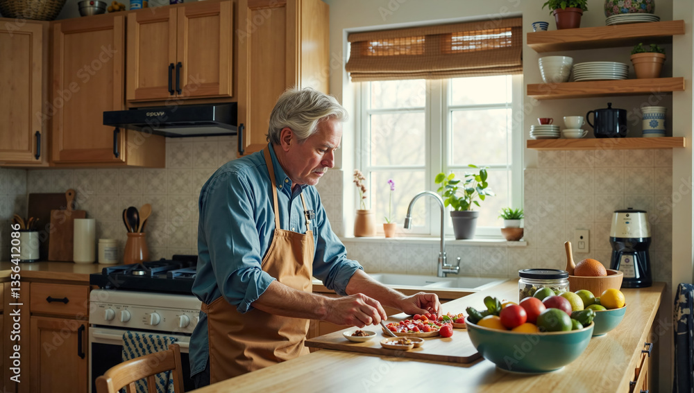 kitchen food man healthy morning mature breakfast active fitness diet ...