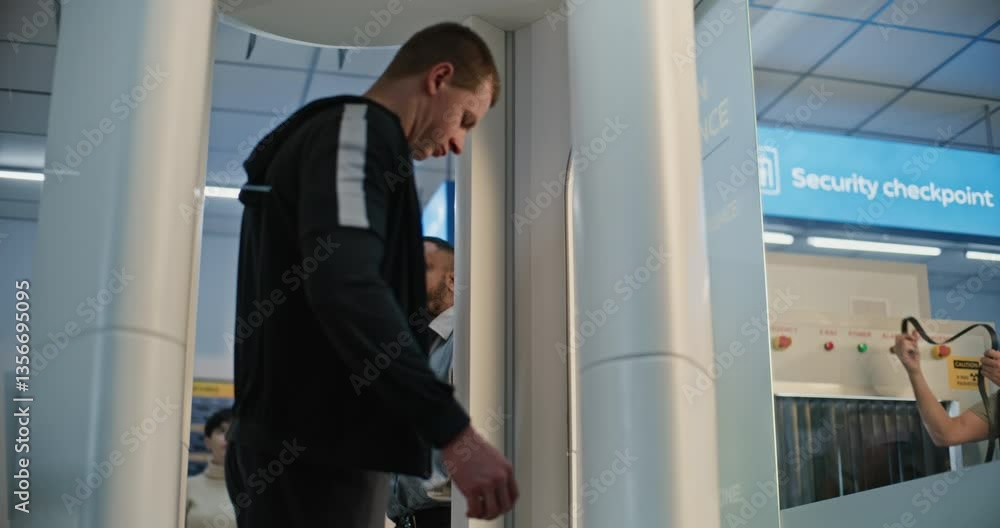 Security Checkpoint in Airport Terminal: Man with Prosthesis Leg and ...