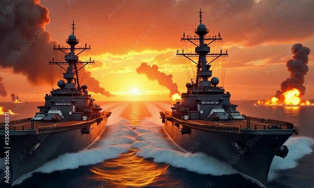 Naval battle, warships, explosions, missiles, smoke plumes, dramatic ...