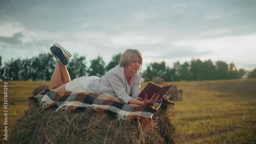 Middle-aged woman with leg raised on hay bale with checkered blanket ...