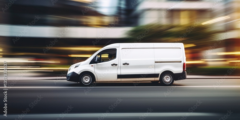 Poster White commercial delivery van on the street with motion blur ...