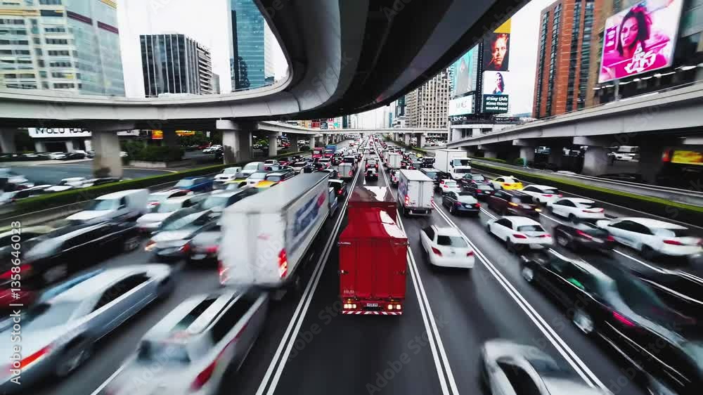 Busy multilane city highway packed with cars and trucks under elevated ...