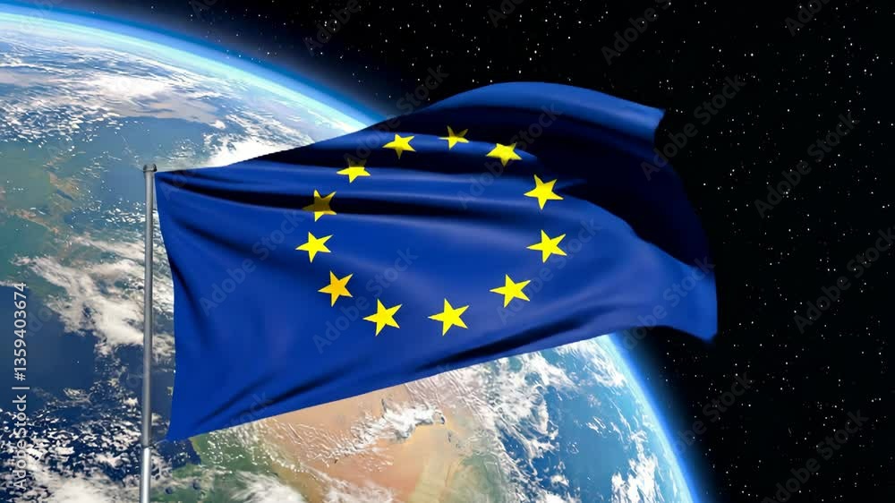 European union flag waving in space with earth background, capturing ...