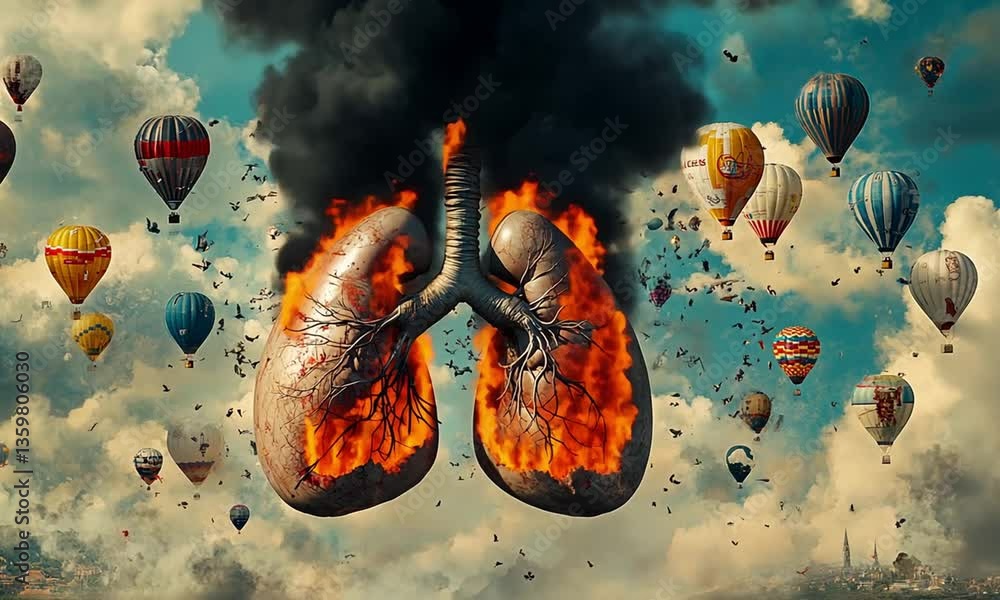 Flames surround lungs lifted by balloons representing harm of smoking ...