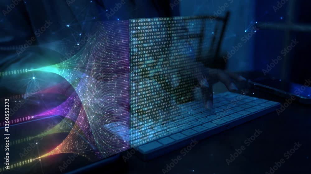 analyst is using big data technology and data science illustration. Data flow concept. Querying ...