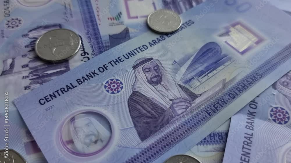 4K Close Up of new UAE 50 dirhams currency notes, paper money, against ...