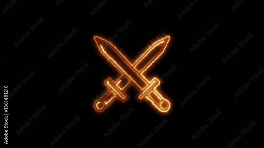 Glowing neon animation of two crossed medieval swords. Bright neon ...