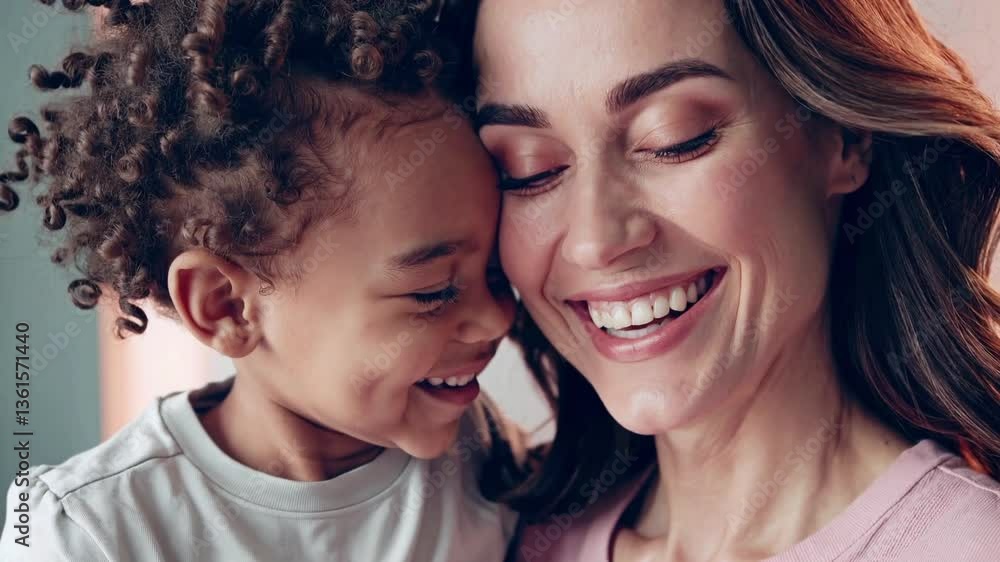 Close up happy African mom and daughter or son cuddling seated on sofa ...