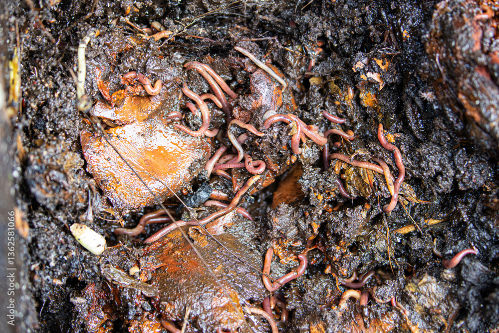 Poster Close-up of earthworms decomposing organic waste in the ...