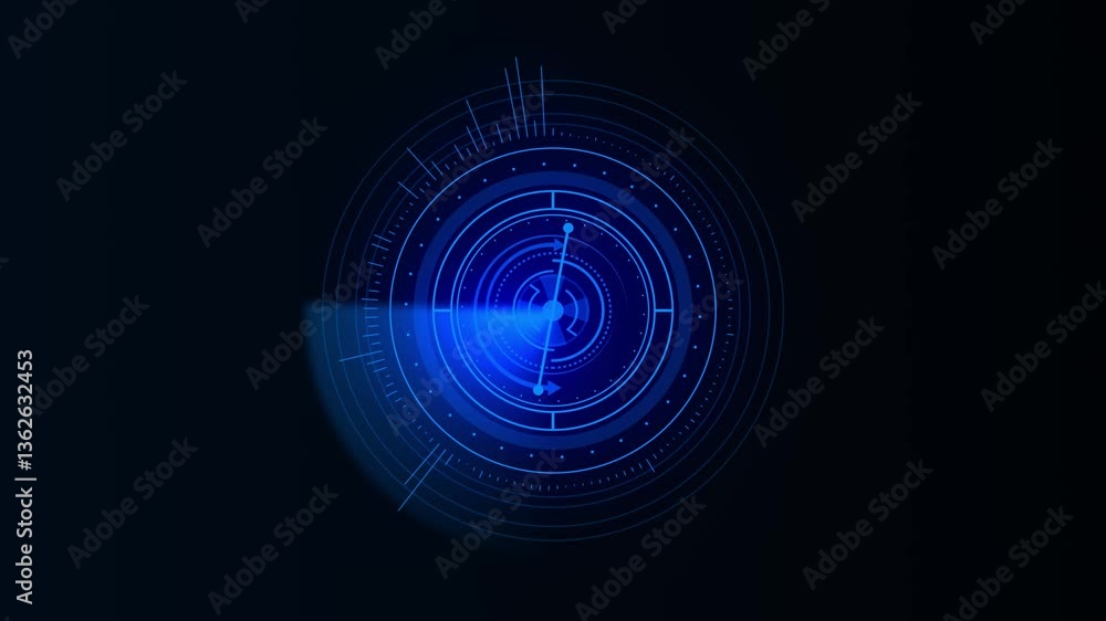 Blue tech space radar interface with rotating loop animation on black ...