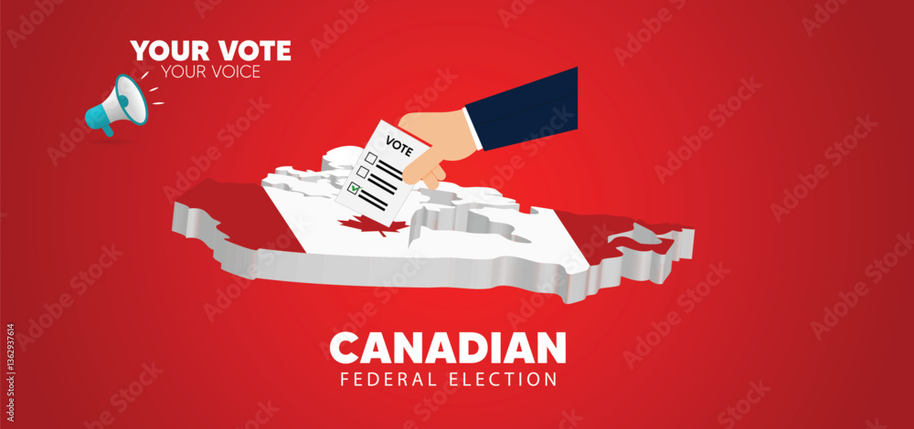 Poster Canadian federal election 3D map Hand putting vote vector poster ...