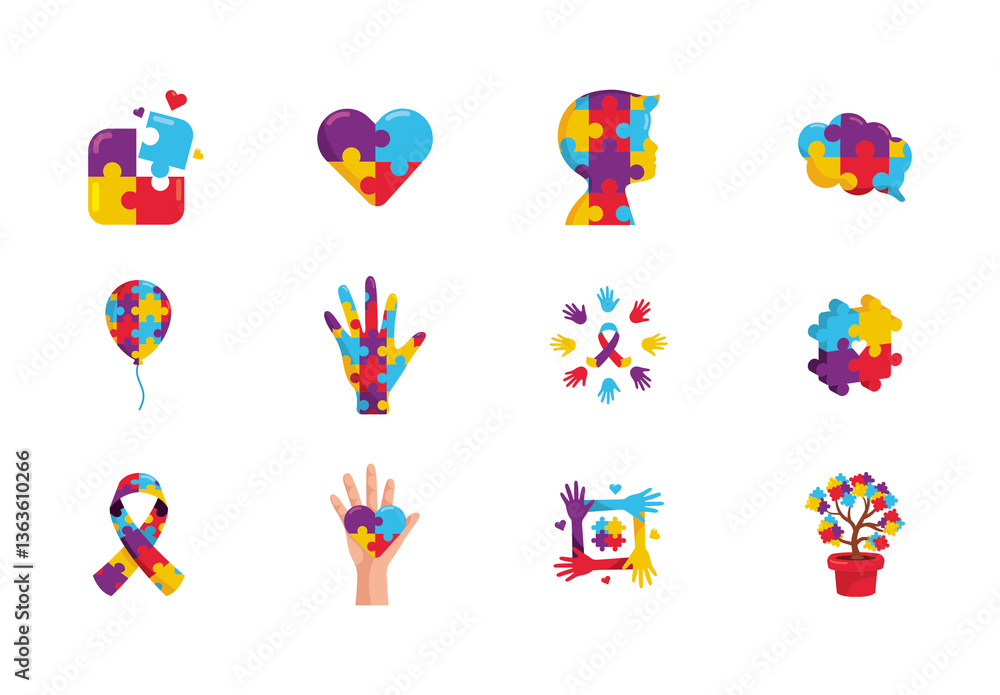 Colorful Autism Puzzle Symbols Illustrations Set Stock Template | Adobe ...