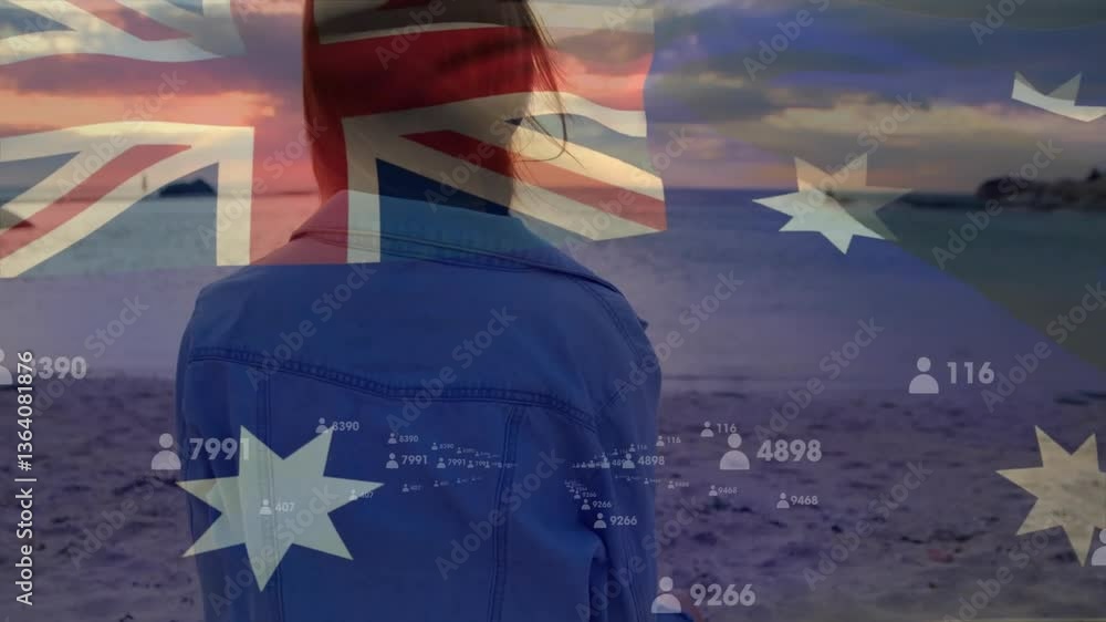Person on beach with Australian flag and data processing animation ...