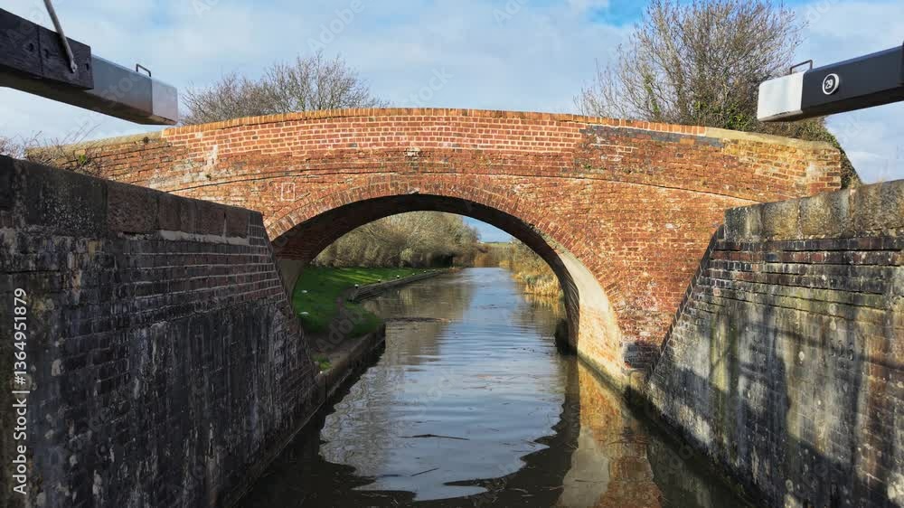 Brick bridge standing over narrow canal. Arched crossing spanning ...