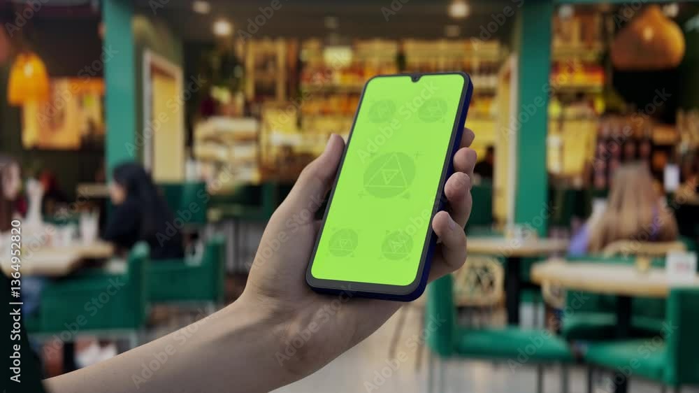 GREEN SCREEN CHROMA KEY Hand holding smartphone with green screen in a ...