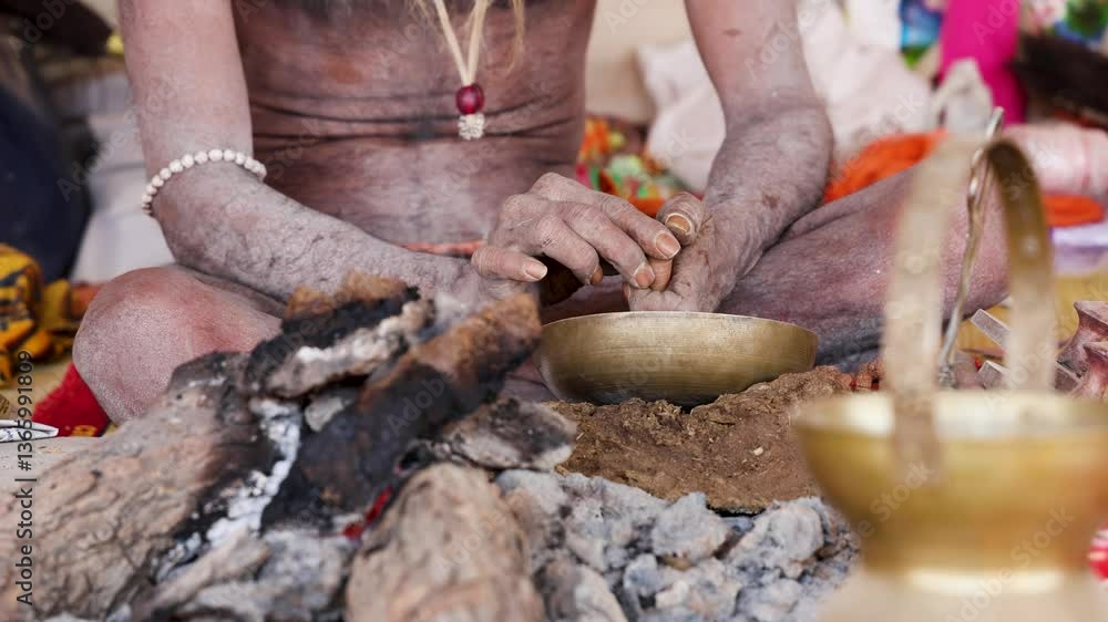 spiritual naga sadhu filling marijuana in pipe during mahakumbh ...