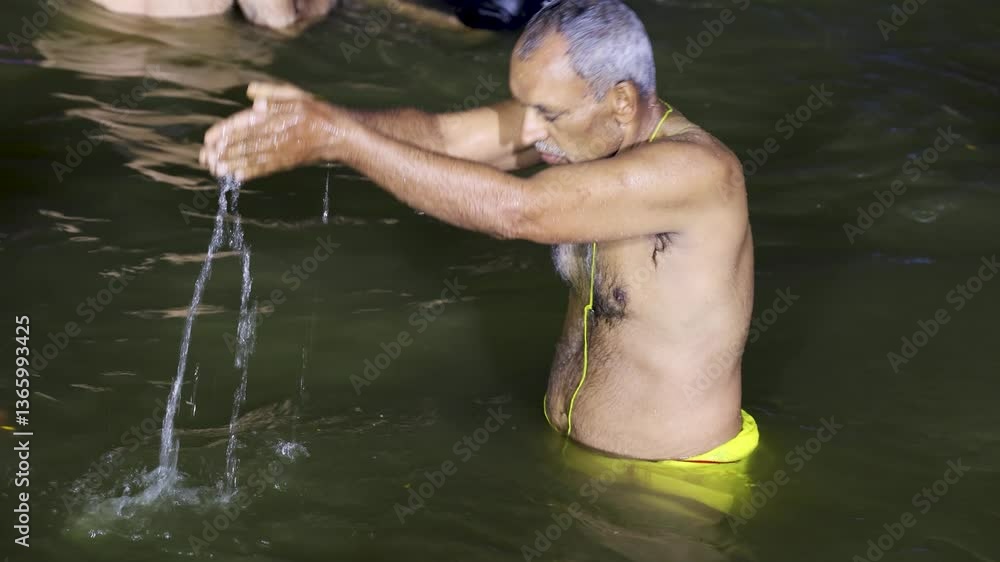 pilgrims praying after ritual bath in triveni sangam during mahakumbh ...