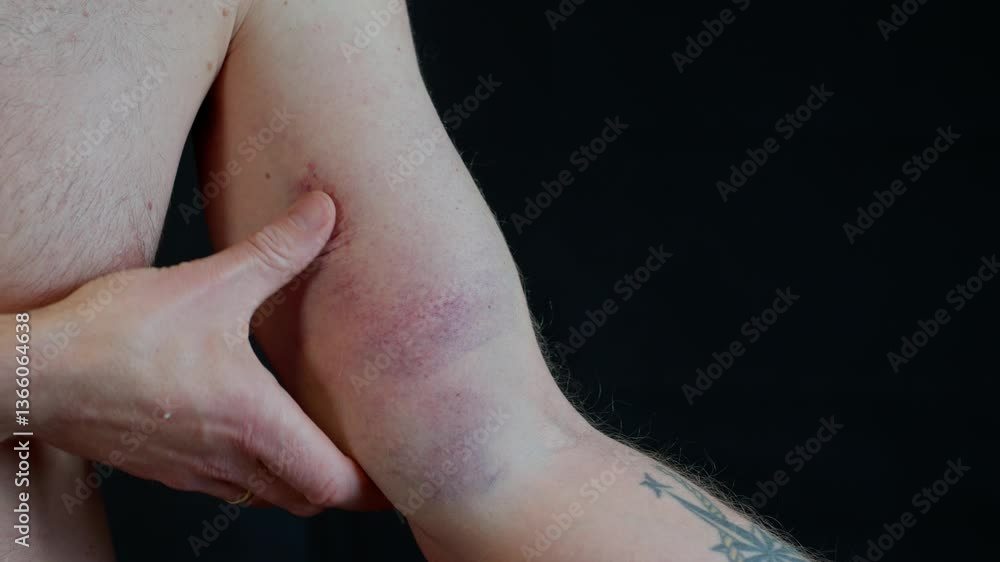 Detailed closeup of a bruised biceps and shoulder with tendon damage ...