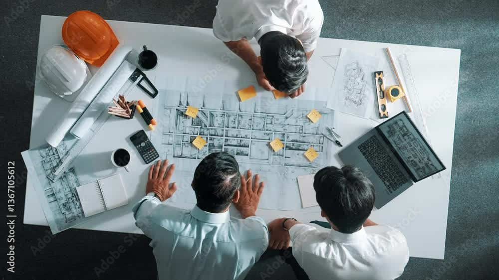 Top down aerial view of interior designer writing at sticky note while ...