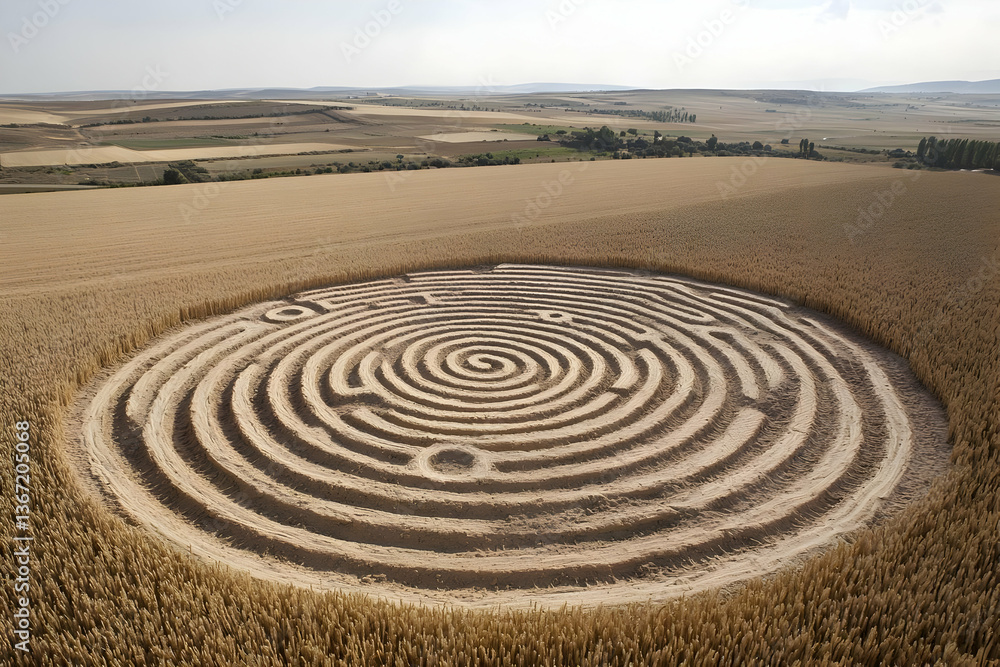 Aerial View of a Spiral Crop Circle in a Golden Wheat Field Stock Photo | Adobe Stock