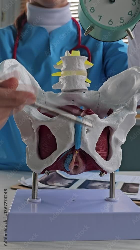 Anatomical model of the female pelvis with an alarm clock. Time to ...