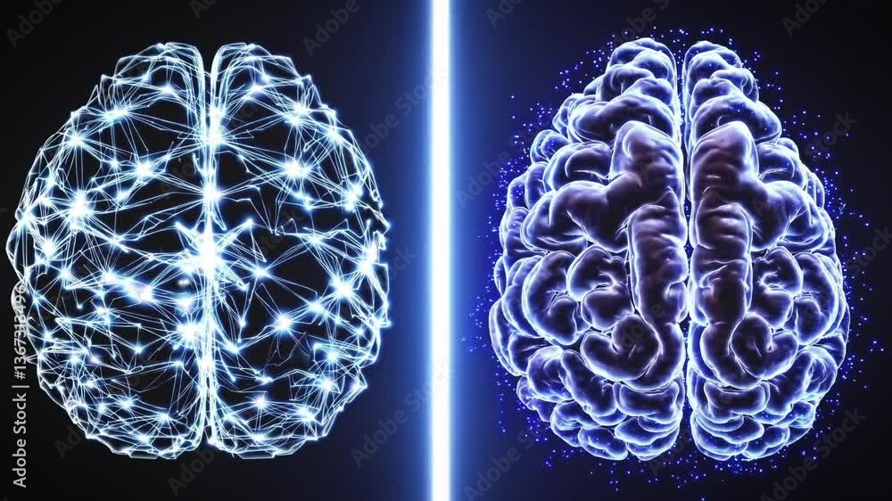 Two brains side-by-side—one made of glowing digital nodes, the other a ...