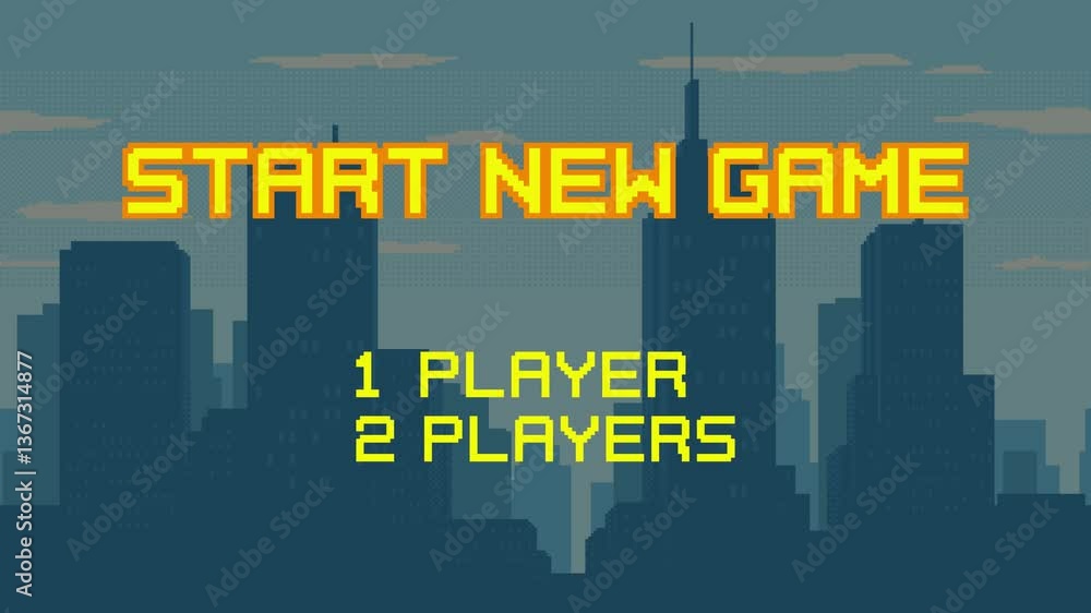 Animated Start New Game screen with player selection on cityscape background. Retro arcade style ...