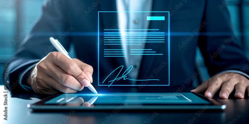 E-Signature concept. A person digitally signing a document on a tablet ...