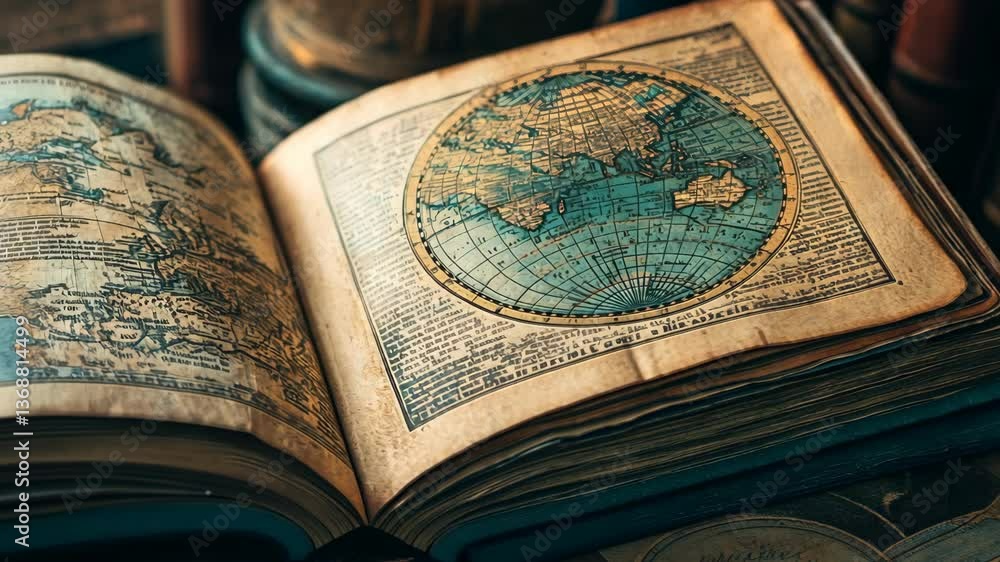 Antique world map opened in a vintage book showcasing detailed ...