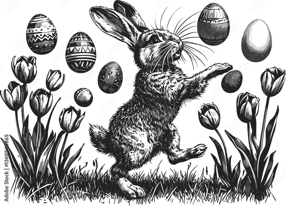Plakát Easter bunny joyful rabbit dancing among decorated Easter eggs ...