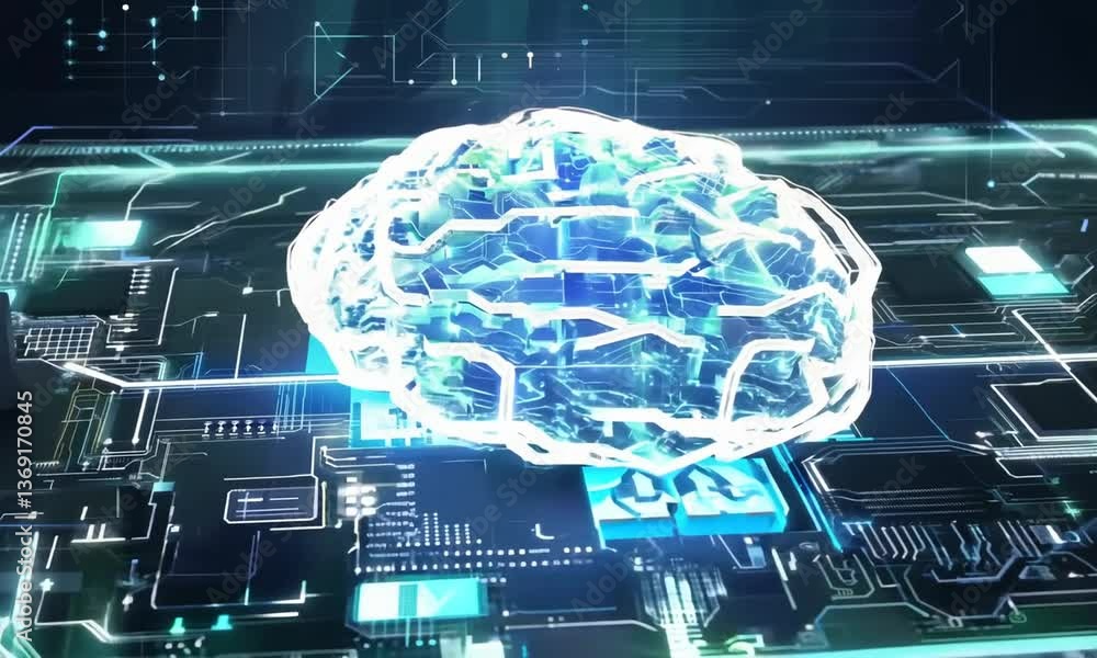Artificial intelligence digital brain bid data ai chipset on circuit board in futuristic loop ...