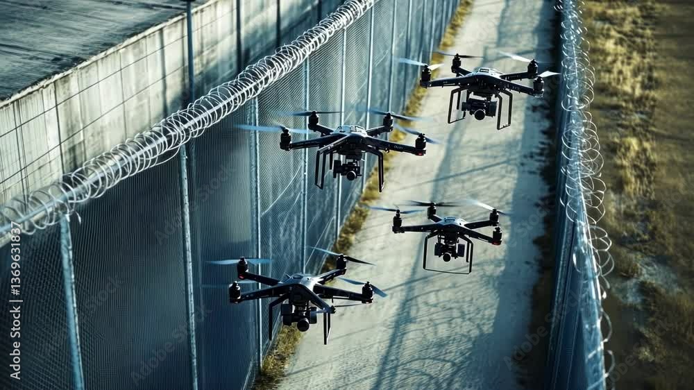 Four drones equipped with cameras are patrolling a prison perimeter ...