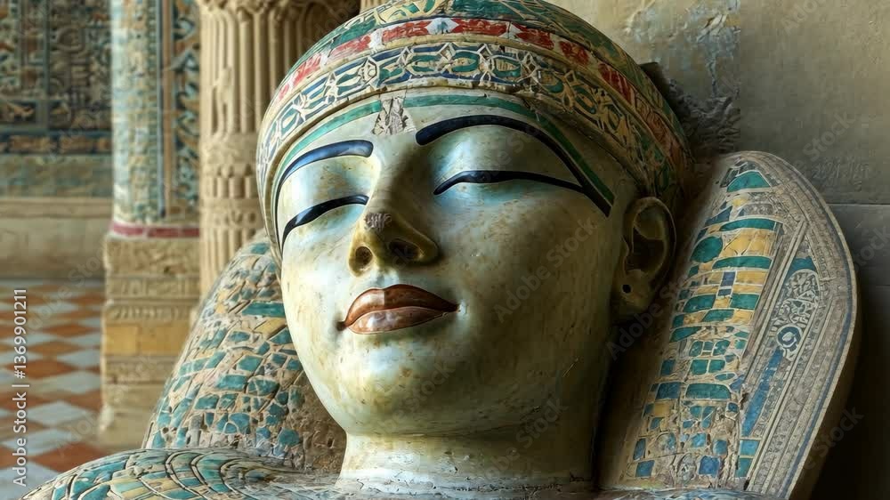 Ancient Egyptian sculpture of a pharaoh resting in a historical temple ...