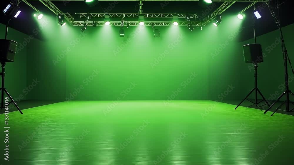 Studio space designed for green screen filming with bright lighting ...