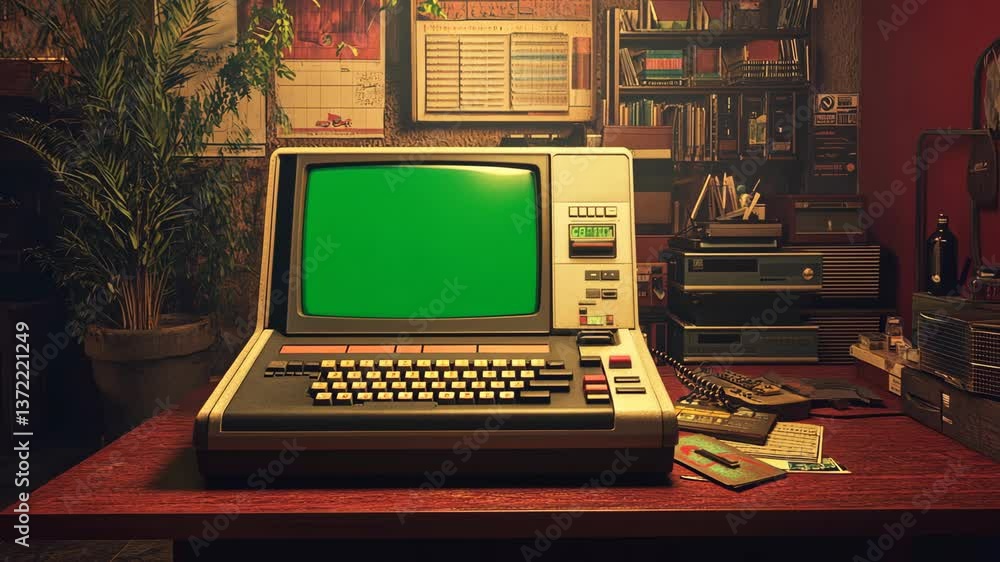 Vintage computer setup in retro room with green screen and nostalgic ...