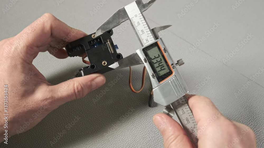 Vidéo Stock An engineer works with a digital caliper to measure a small ...