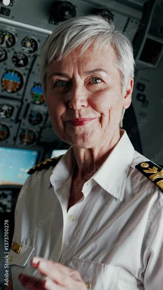 Experienced Female Pilot in Cockpit with Short Gray Hair, Wearing ...