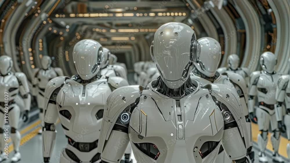 Futuristic robot army motion picture. Sci-fi android soldier group ...