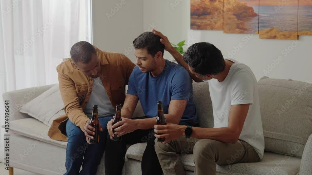 Support group of mates comforting depressive crying friend on therapy ...
