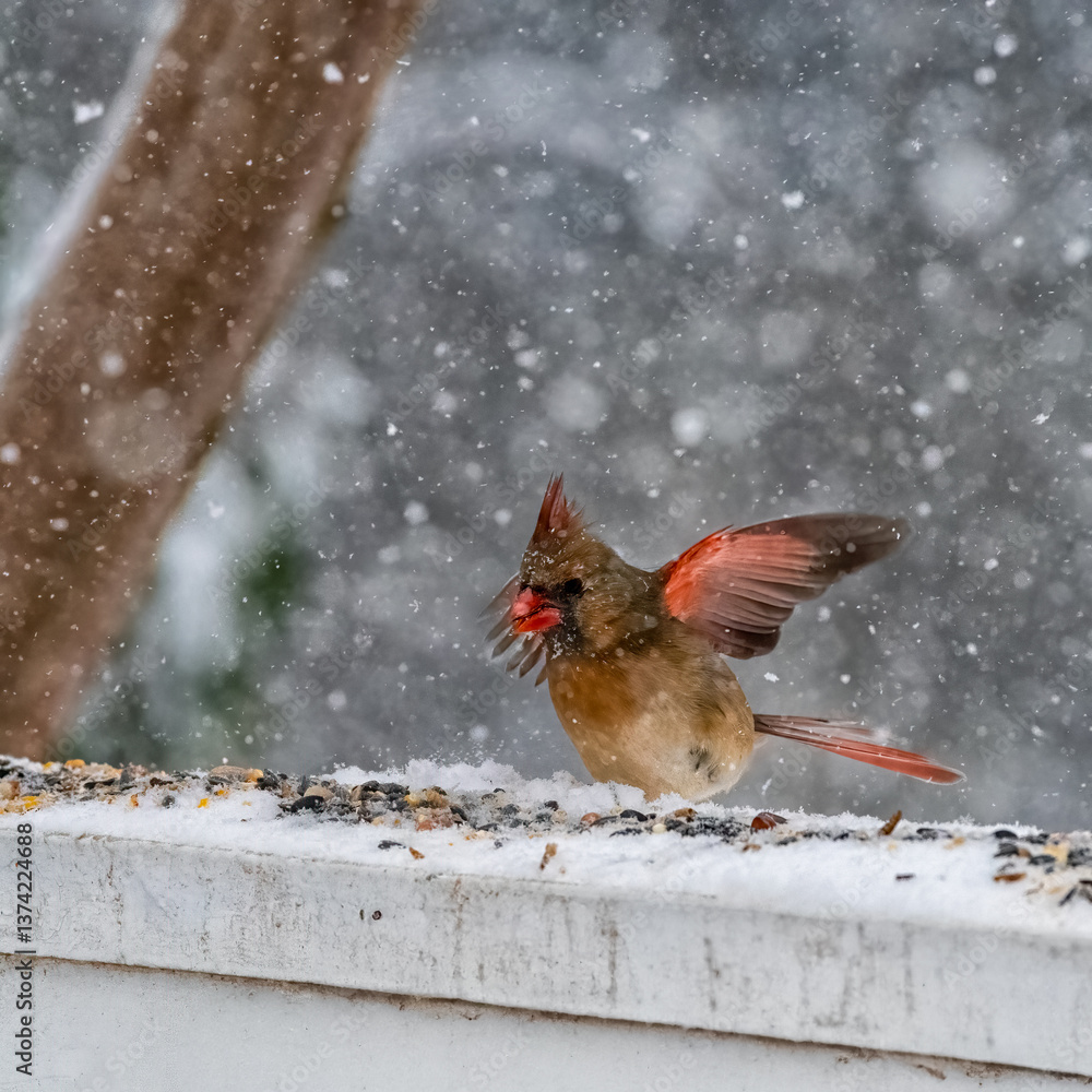 Poster Female Northern Cardinal Landing in Snow – Wall Art | UkPosters