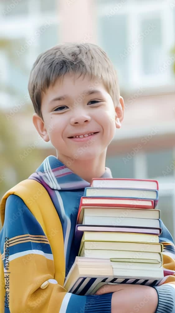 Cheerful elementary school student holding stack of books, standing ...