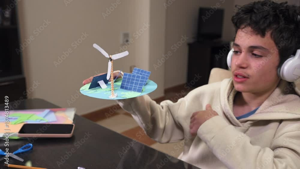 Teen Boy Builds Model of Earth with Wind Turbine and Solar Panel School ...