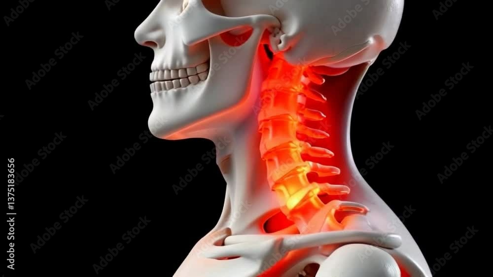 Medical illustration of the human neck skeleton, highlighting areas of ...
