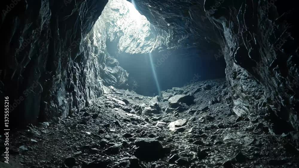 Exploring a dark spooky cave with steadicam movement revealing hidden ...