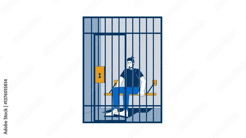 Arrested suspect man sitting in jail cell behind bars 2D character ...