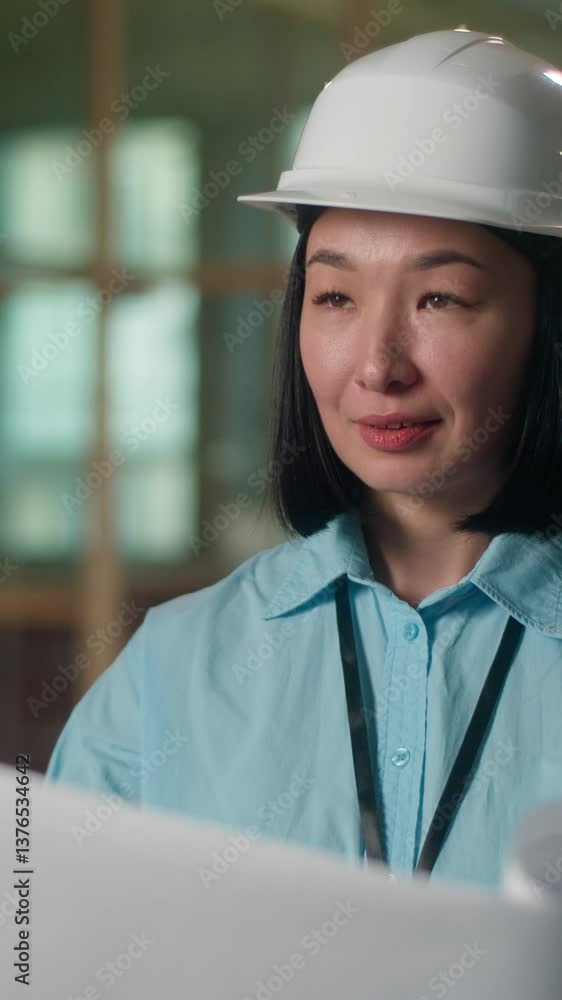 Asian woman industry worker builder in hard hat looking at blueprint ...