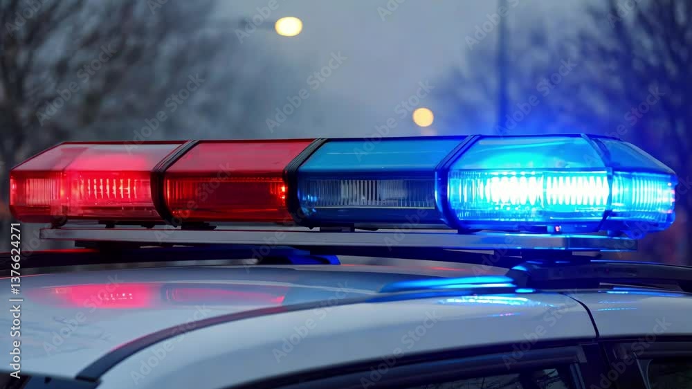 Close-up of red and blue flashing lights on top of a police vehicle ...