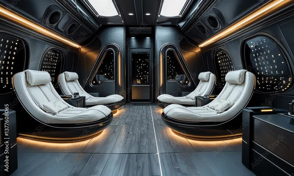 Luxurious modern cabin interior with futuristic design, seating, and ...
