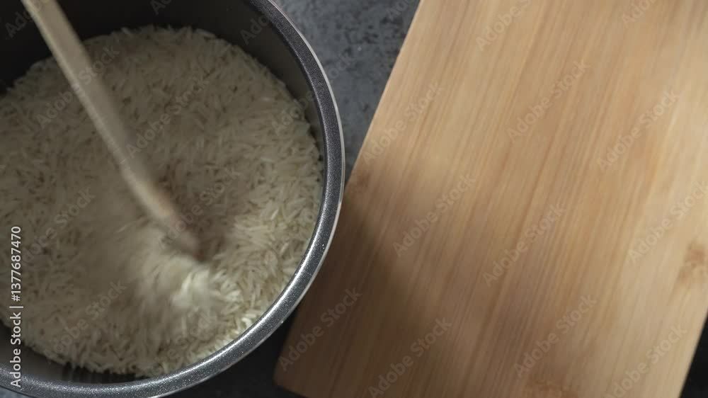 Using a wooden spoon, stir the white rice in the pot of the rice cooker ...