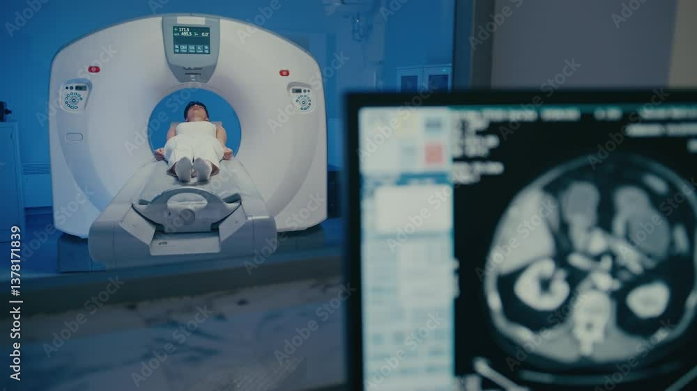 Caucasian woman lying still on MRI scanner table undergoing imaging ...